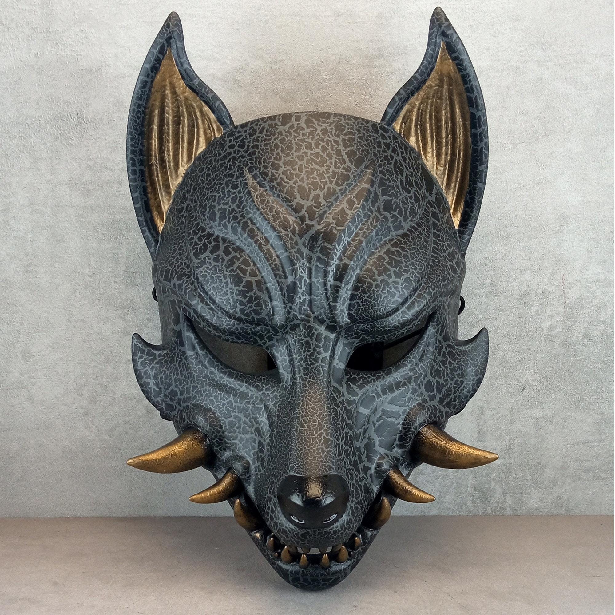 Cracked Gray Kitsune (Okami) Mask with Bronze Fangs – 3DMaskStudio